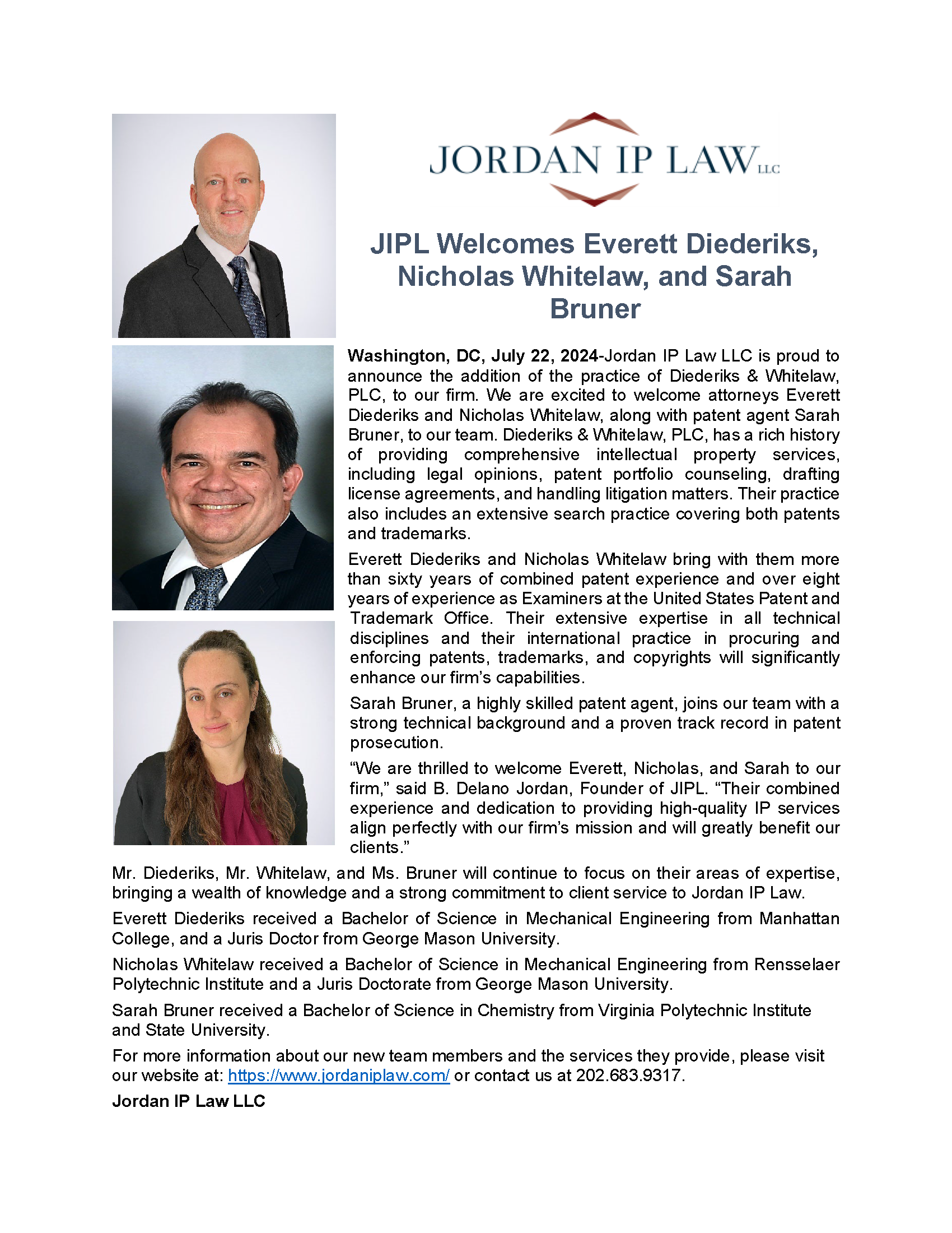 Everett G. Diederiks, Jr., Nicholas S. Whitelaw, and Sarah M. Bruner join Jordan IP Law, LLC ...